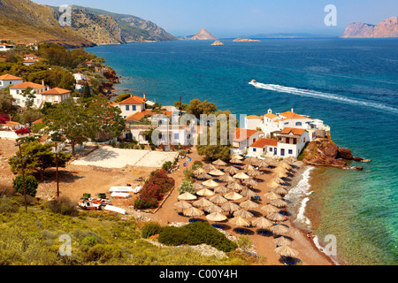 Vlychos Village & beach, Hydra, Greek Saronic Islands Stock Photo - Alamy