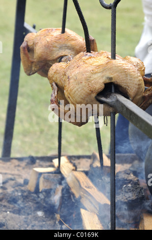 Spit-roasted chickens, chickens on the spit are cooking in an oven ...