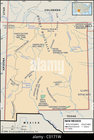 Physical map of New Mexico with mountains, plains, bridges, rivers ...