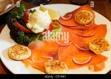 Close-up of plate with filets of smoked salmon, Dana Point, California ...