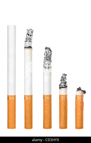 Cigarettes during different stages of burn. Isolated on white Stock ...