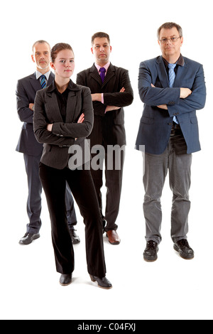 A group of men and one woman stand outdoors, some holding microphones ...