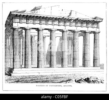 Antique engraving of the Parthenon, a temple of the Greek goddess ...