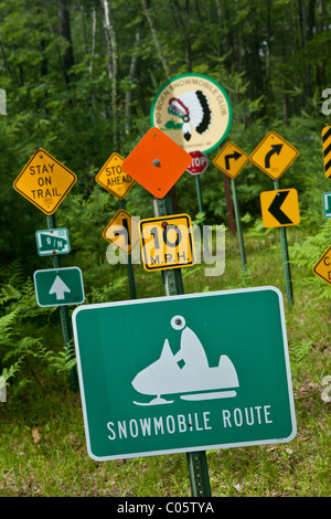 Snowmobile road signs in the Northwoods forests of Wisconsin Stock ...