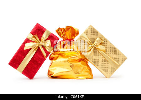 Gift boxes and golden sacks Stock Photo - Alamy