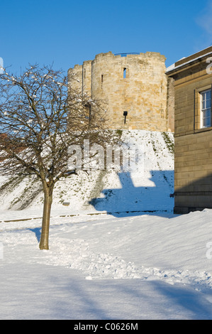 Snow covered Cliffords Tower in winter scene York North Yorkshire ...