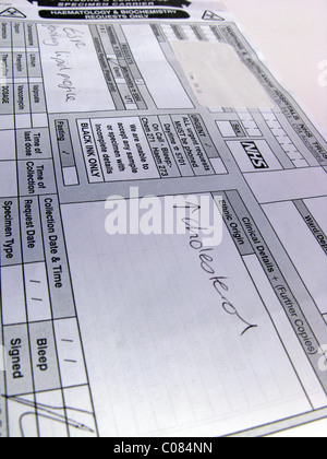 Blood test information on a Haematology & Biochemistry request form ...