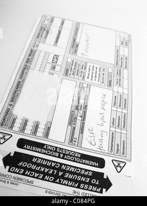 Blood test information on a Haematology & Biochemistry request form ...