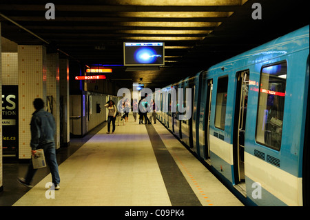 A Montreal Metro subway train in motion, in Montreal, Quebec. The metro ...