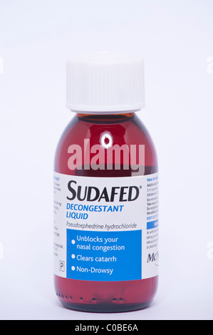 A bottle of Sudafed decongestant liquid to unblock nasal congestion on ...