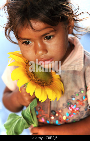 Cute Indian Child With Sunflower on nature background in summer garden ...