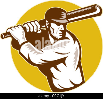 illustration of a cricket batsman with bat side view with sunburst in ...