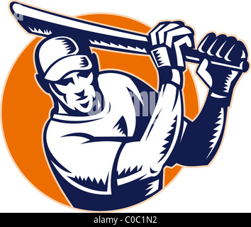 illustration of a cricket batsman with bat side view with sunburst in ...