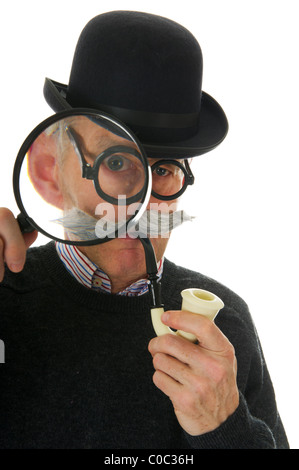 Portrait of a funny inspector with a big magnifier for investigation ...
