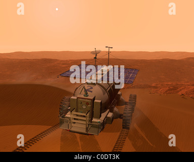 Martian land rover, planet probe unfolding solar panels to gather sun ...