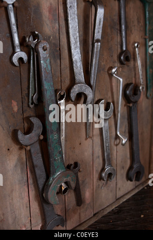 wrench hanging on wooden wall High resolution image gallery Stock Photo ...