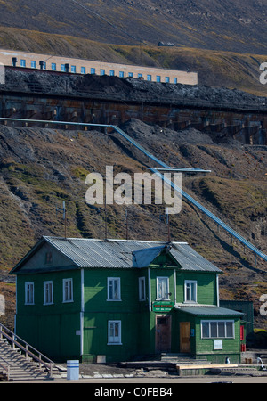 The Barentsburg port sea office building, a Russian coal mining town in ...