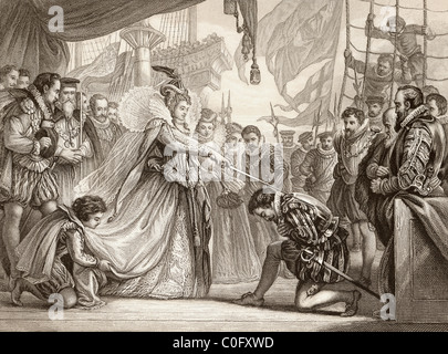 Queen Elizabeth I, knighting Sir Francis Drake, aboard Golden Hind ...