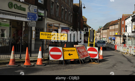 Roadwork signs and diversions at Southern Gas Networks pipelaying in ...