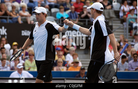 Tennis twins Bob (left) and Mike Bryan of the USA in action at the ...