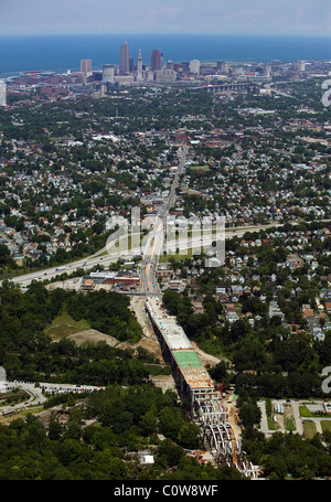 aerial view above downtown Cleveland Ohio Cuyahoga river Lake Erie ...