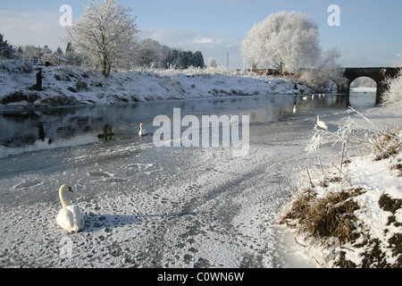 Village of Holt, Wales. Picturesque view of the River Dee on a cold ...