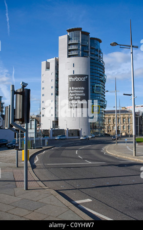 River Lagan at Queen Elizabeth Bridge Belfast with Laganside Bus Centre ...