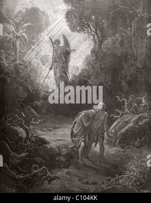 Adam and Eve cast out of the Garden of Eden. Biblical illustration. Old ...