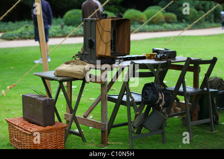 Reconstruction WW2 British Army Field HQ with field radio, Sten gun and ...