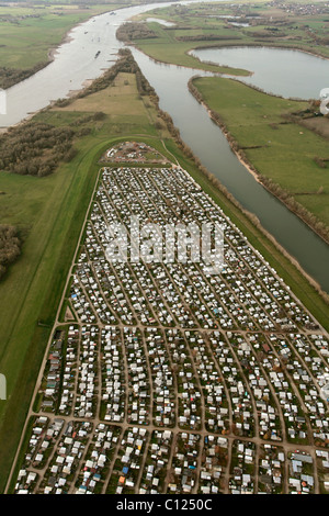 Aerial view, large ground camping, Grav-Insel island, Rhine river ...