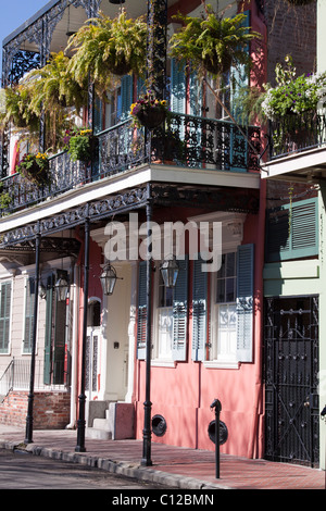 Creole townhouse with ornate wrought iron balcony with hanging planters ...