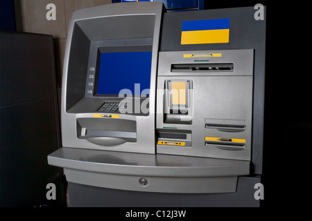 Indoor ATM cash dispensers at cashpoint of the Belgian Belfius bank ...