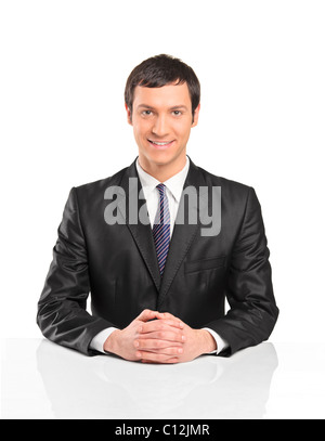 Job interview. Man sitting isolated on white waiting with documents ...