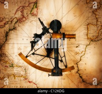 Sextant on the old map Stock Photo - Alamy