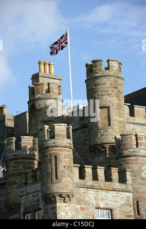 Village of Mey, Scotland. Close up low angled view of the viewing tower ...