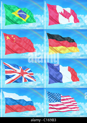 Waving flags of USA and Russia on flagpole, on blue sky background ...