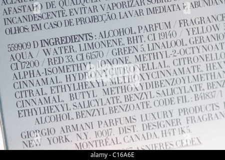 Ingredient list on perfume package Stock Photo - Alamy