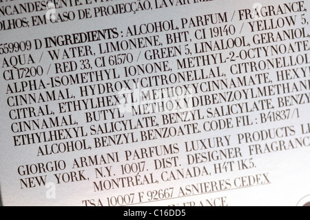 Ingredient list on perfume package Stock Photo - Alamy