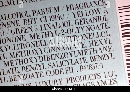Ingredient list on perfume package Stock Photo - Alamy