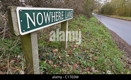Road sign reading "NOWHERE LANE" beside a country lane in rural Norfolk ...
