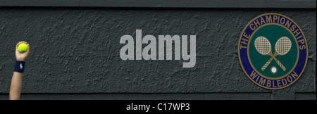 The Wimbledon Championship emblem on the wall of Centre Court at the ...