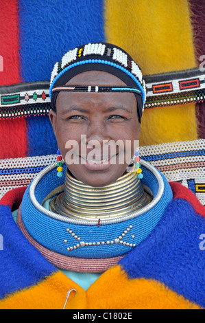 Ndebele woman wearing a traditional costume and idzilla, bronze or copper neck rings, South ...