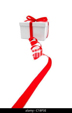 Gift box with tied ribbon bow pink roses. Greeting card background ...