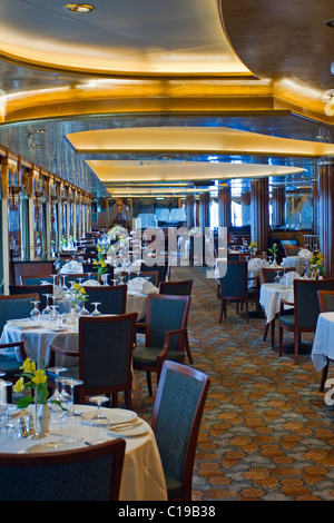 Dining room onboard Queen Elizabeth 2 docked in Dubai, UAE which is now ...