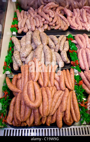 Sausage display in the butcher's shop Stock Photo - Alamy