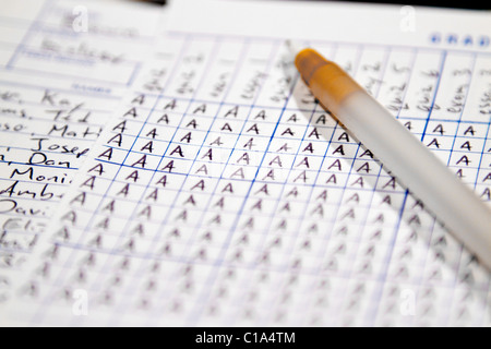 A teacher's grade book with student scores showing all A's Stock Photo ...