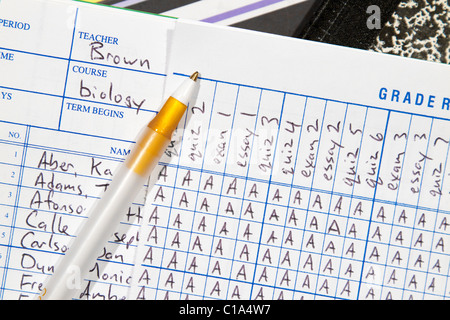A teacher's grade book with student scores showing all A's Stock Photo ...