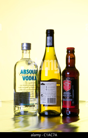 Bottles of wine, vodka and beer showing alcohol contents on labels ...