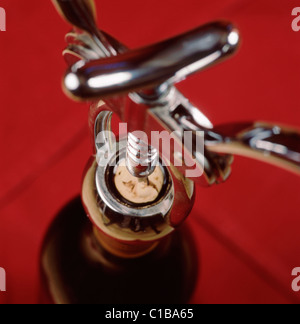 Wine bottle, corkscrew and corks in wooden box. Top view Stock Photo ...