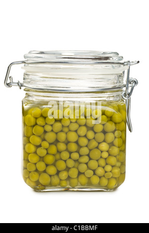 Green peas in glass jar isolated on white Stock Photo - Alamy